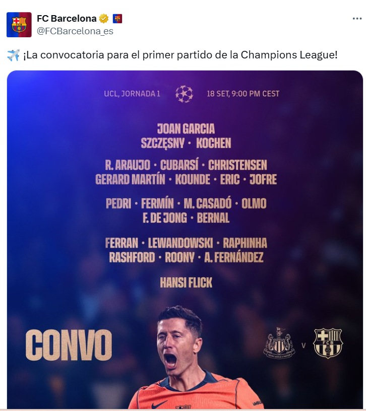 Barcelona announce 22 man squad travelling to face Newcastle United ...